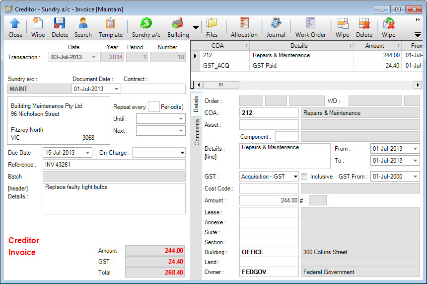 Entering Creditor Sundry a/c Invoices
