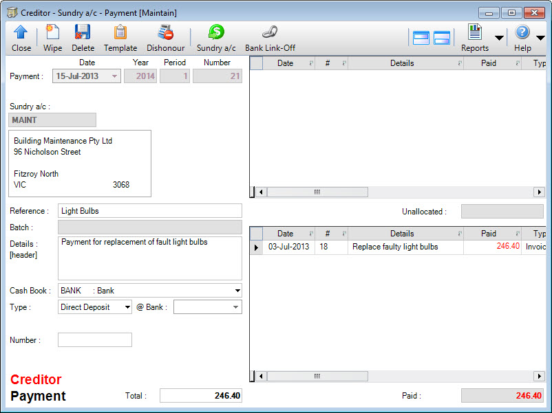Entering Creditor Sundry a/c Payments