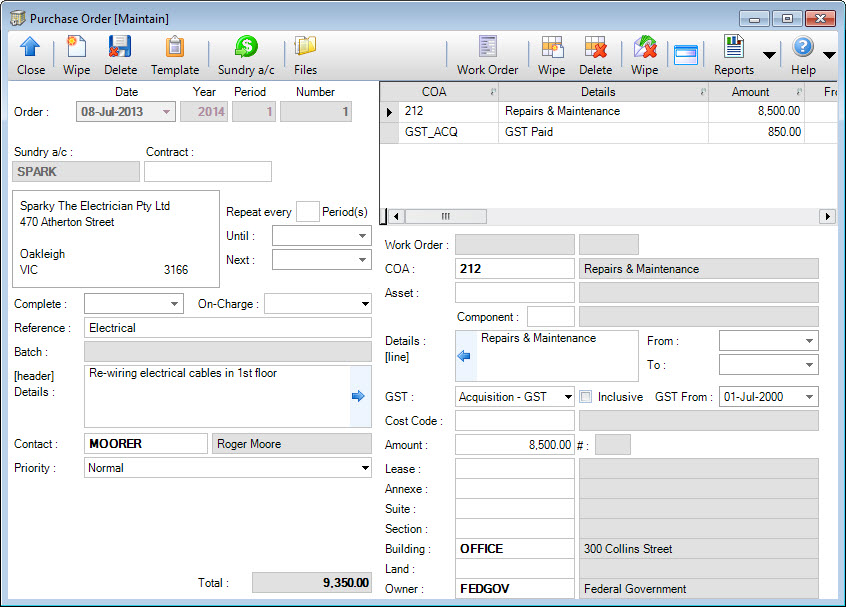 Entering Creditor Sundry a/c Purchase Orders