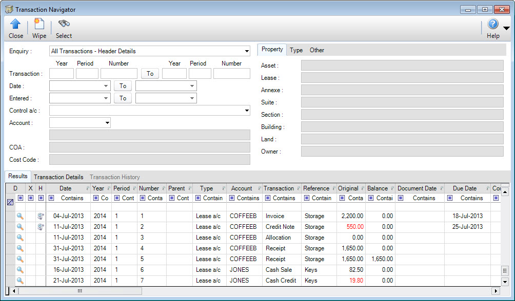 Searching for Transactions using the Transaction Navigator