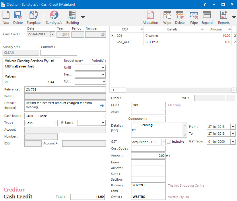 Entering Creditor Sundry a/c Cash Credits