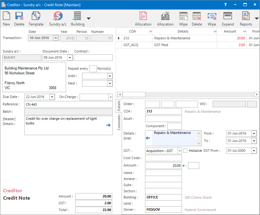 Entering Creditor Sundry a/c Credit Notes