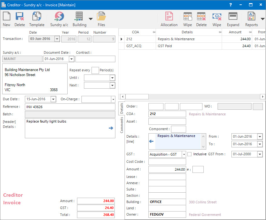 Entering Creditor Sundry a/c Invoices