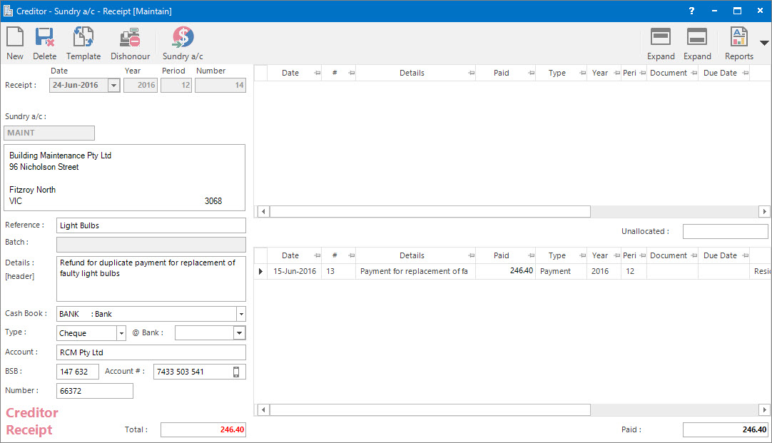 Entering Creditor Sundry a/c Receipts